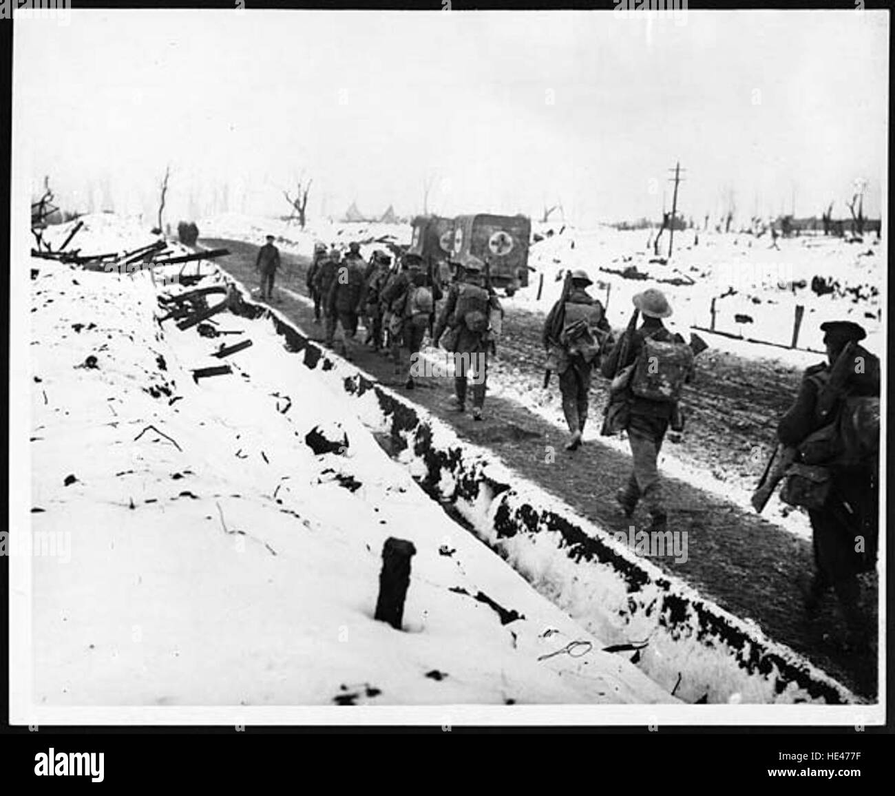 This historic image shows soldiers on their way to the trenches ...