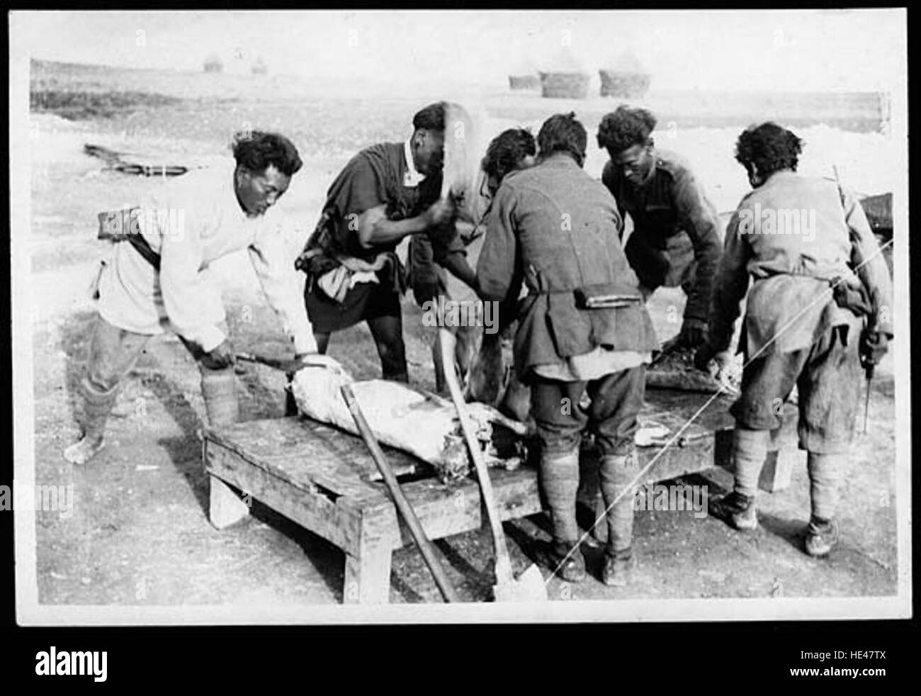 This historical painting depicts the work of butchers among the natives ...