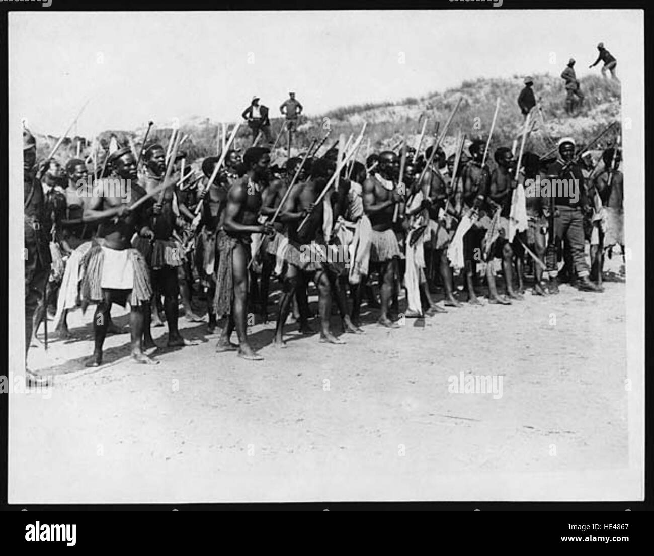 This historical image depicts the native people of Zululand, a region ...