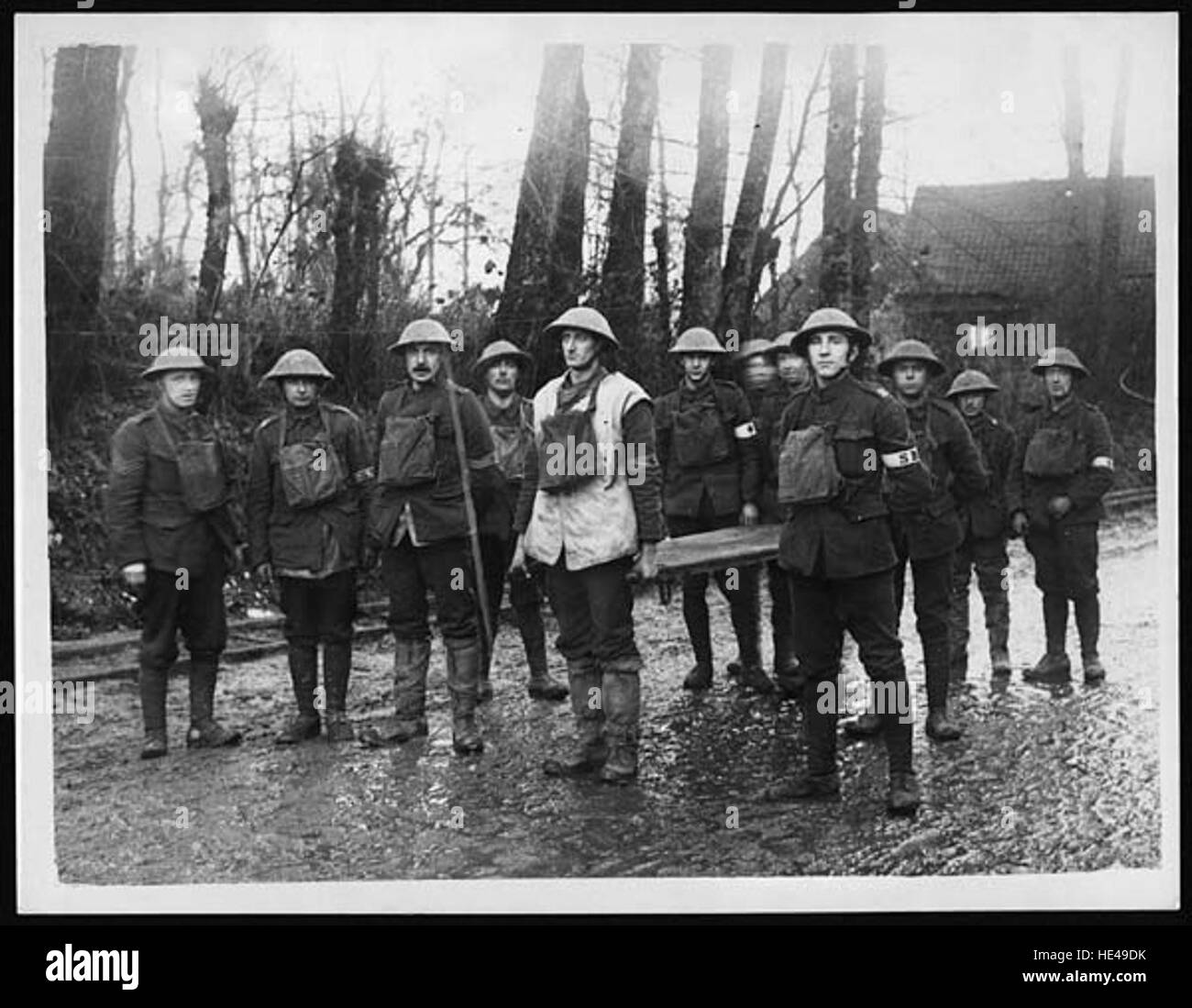 This historical image shows a stretcher bearer party, an essential ...