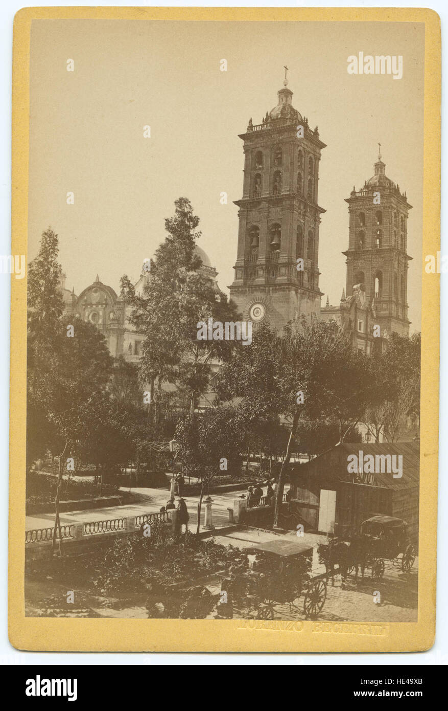 This historical image depicts the Cathedral and Plaza in Puebla, Mexico ...