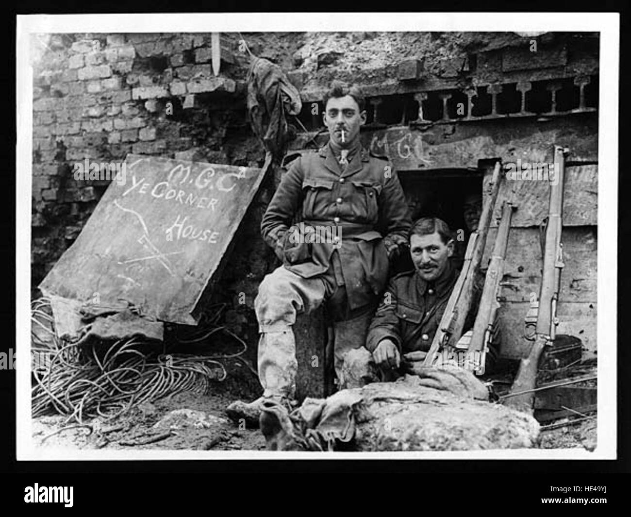 This historical image shows a captured German dugout, a significant ...