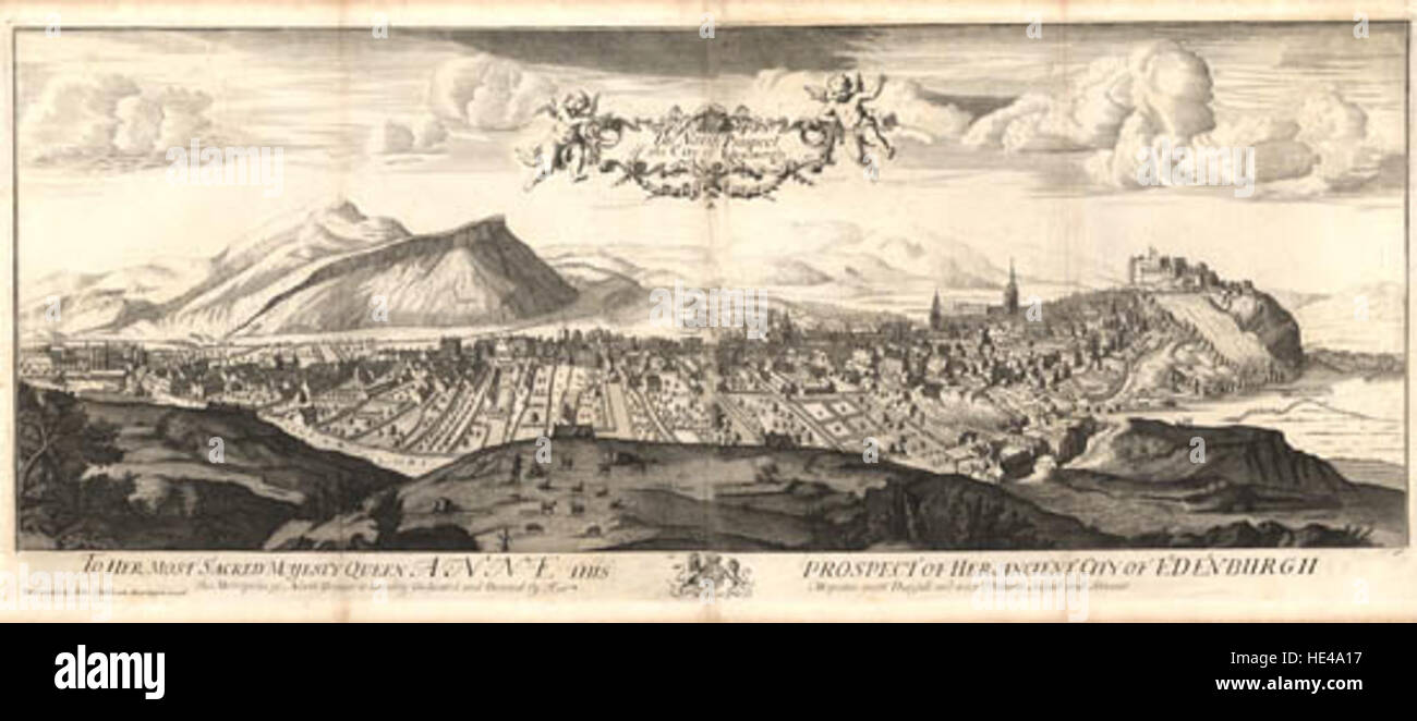 This engraving shows a historic view of Edinburgh, Scotland, including ...