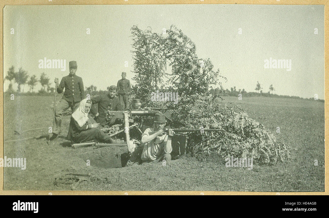 A historic image depicting a Belgian machine gun position in the early ...