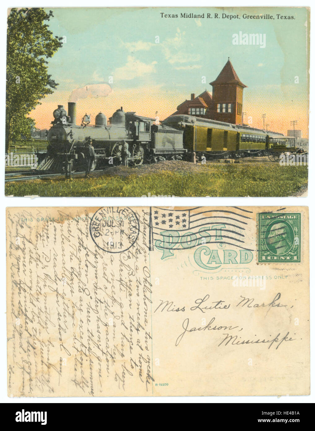 A historic photograph of the Texas Midland Railroad Depot in Greenville ...