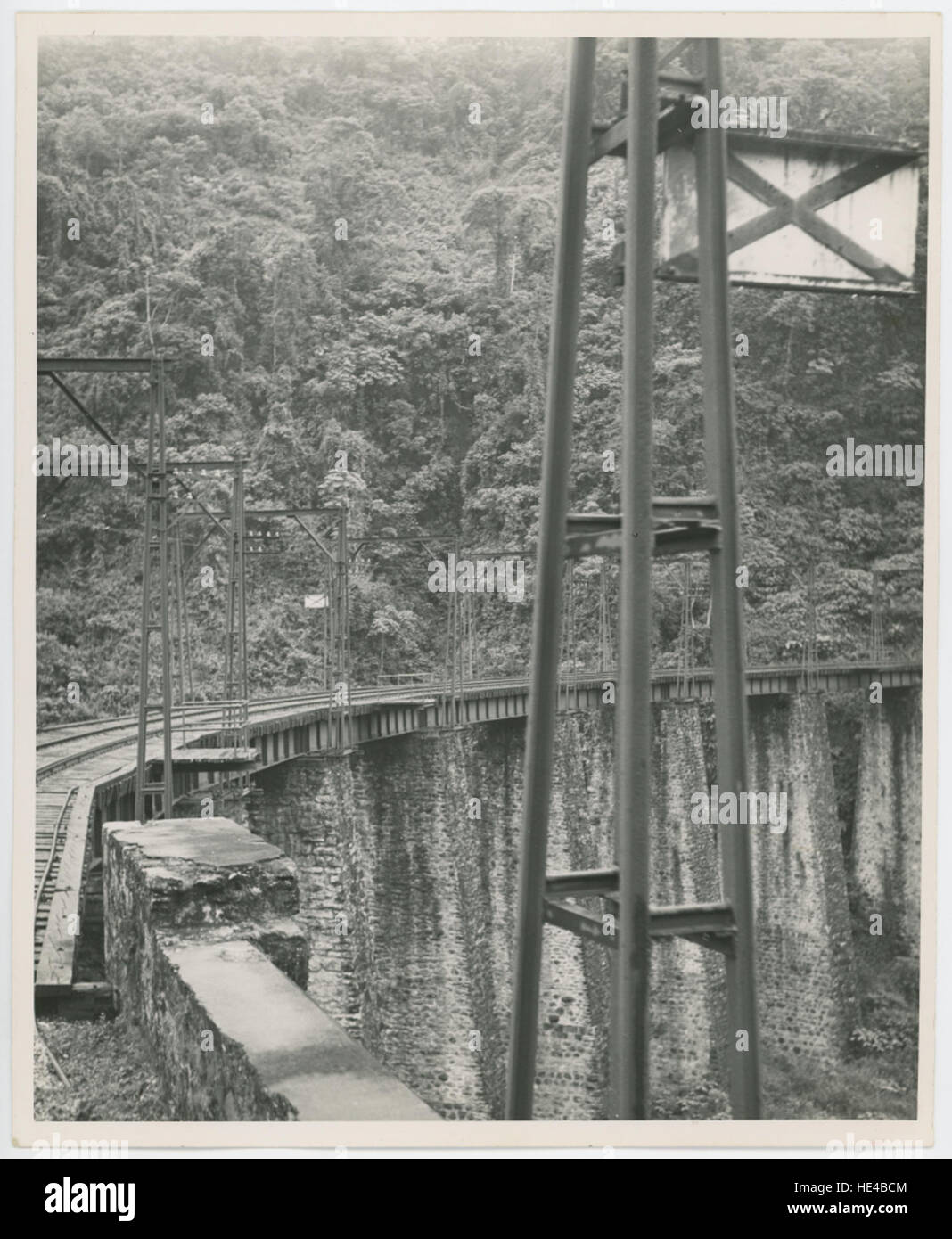 This photograph captures a historic railroad bridge, part of the ...
