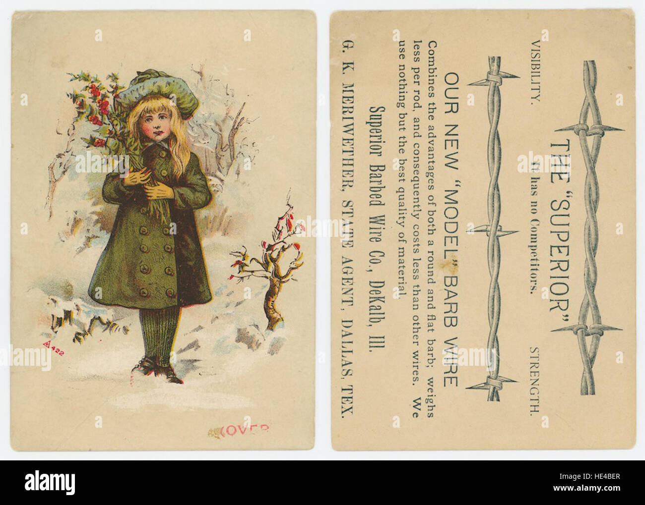 An advertisement for barbed wire, this historic image showcases a trade ...