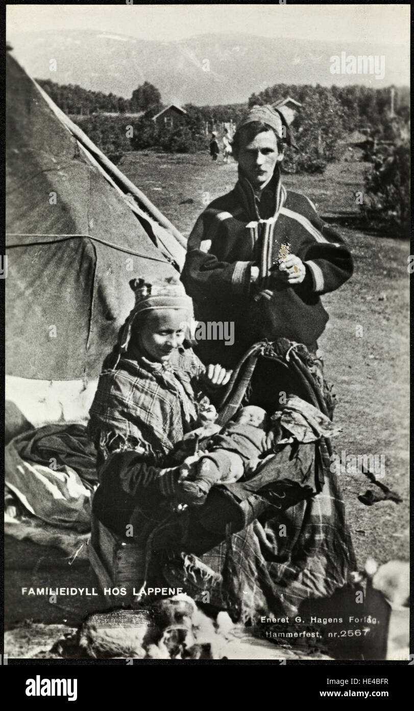 This historical image depicts a family scene among the Sami people ...