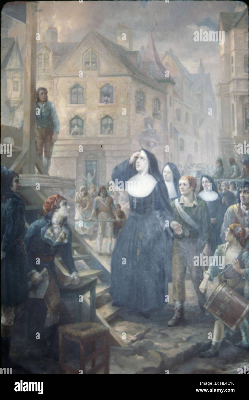 A historical mural painting depicting a guillotine scene, created by ...