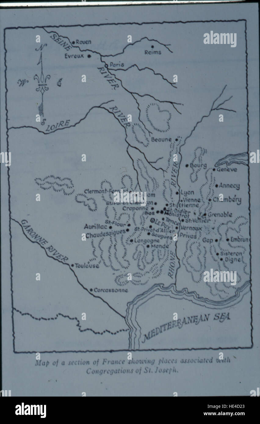 A historical map of a section of France showing locations associated ...