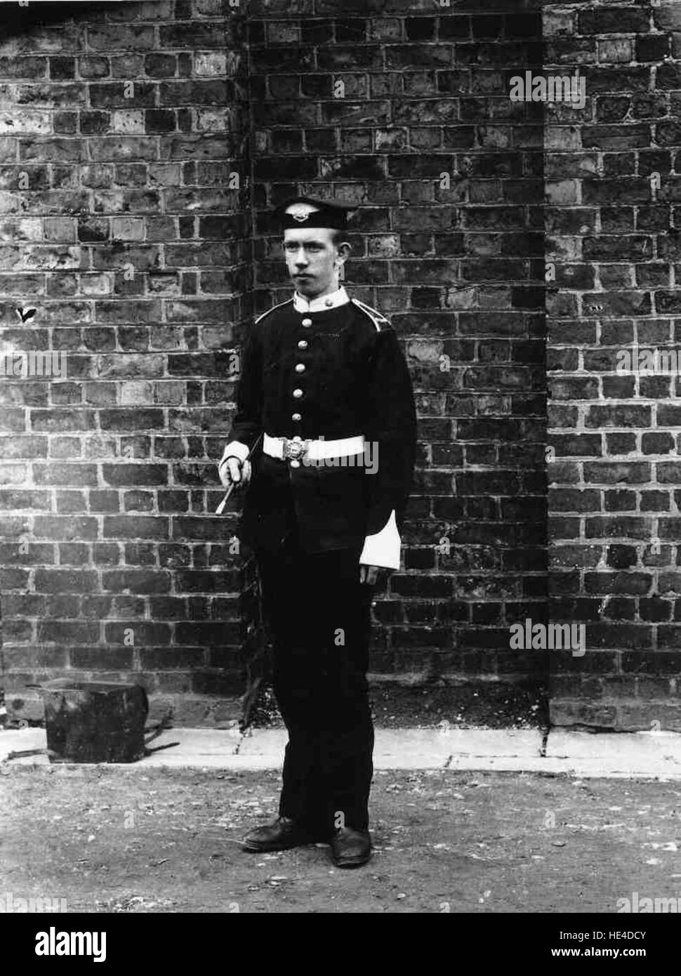 A black and white historical military photo of a soldier on parade ...