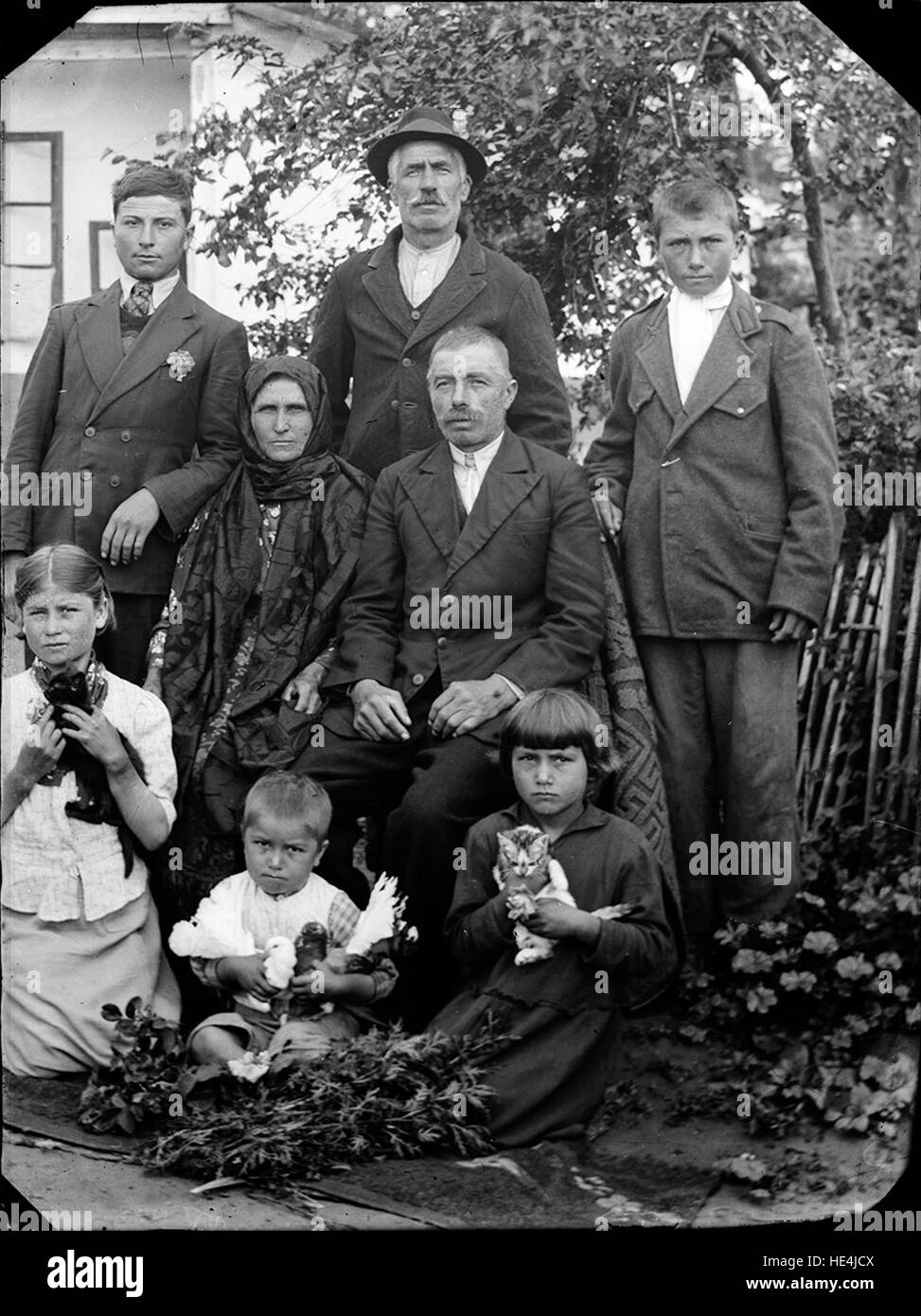 A photograph of a Romanian family with cats and pigeons, offering a ...