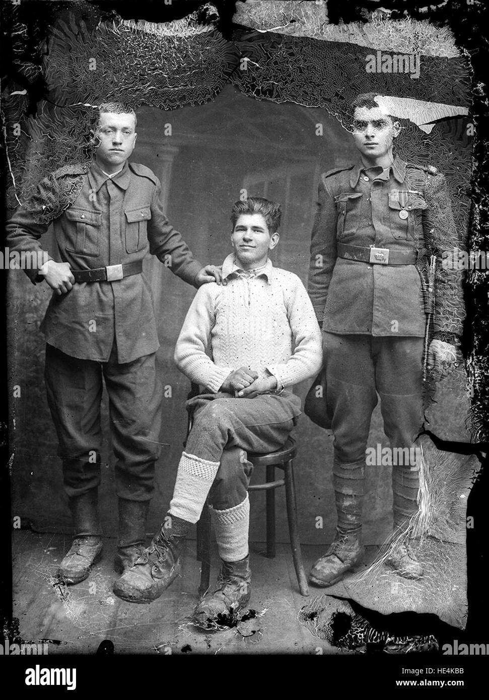Three soldiers in a historic, bygone image, ancient past captured in a ...