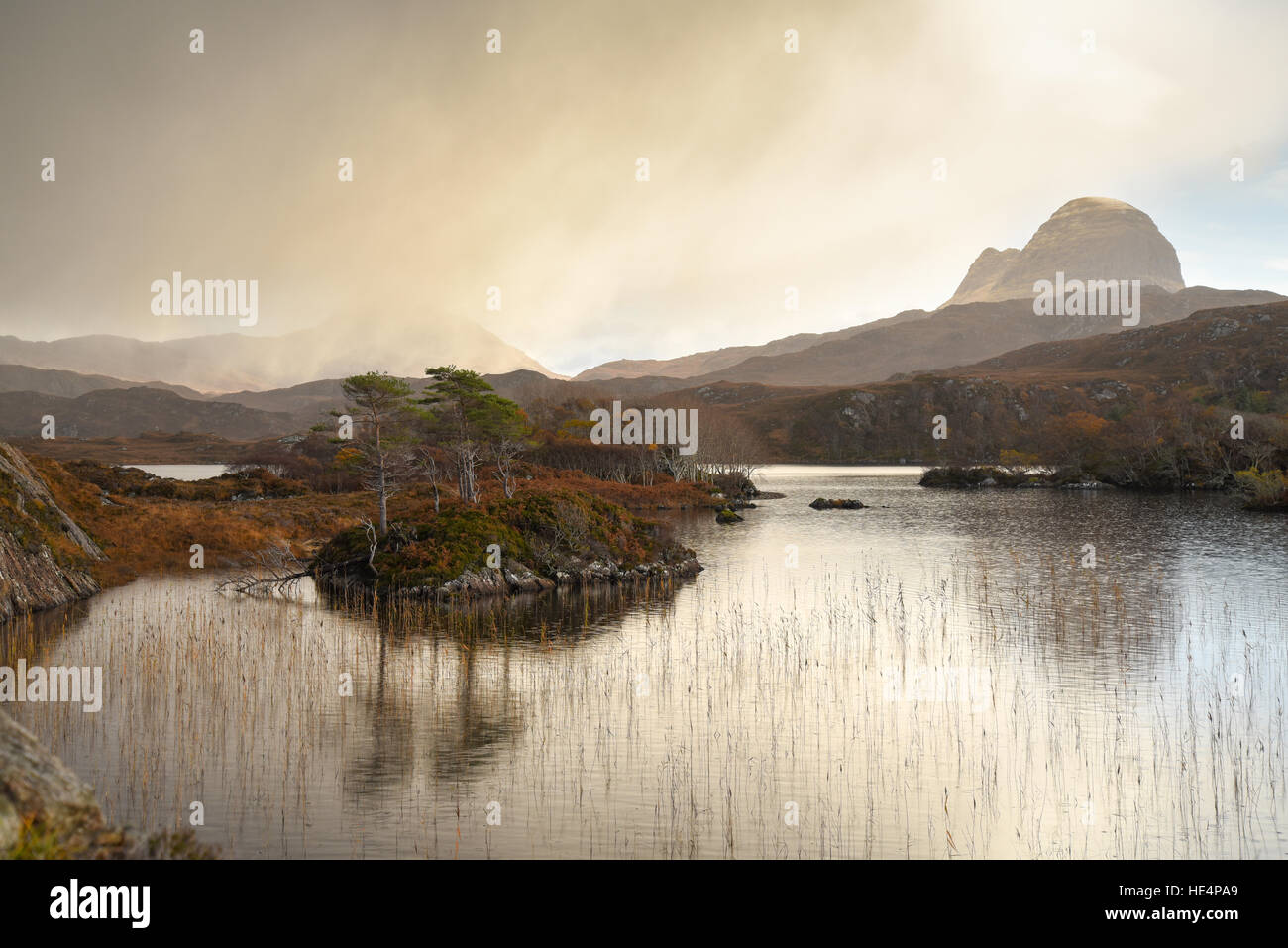 Suilven mountain and loch suardalain in rain storm, Assynt, Sutherland ...