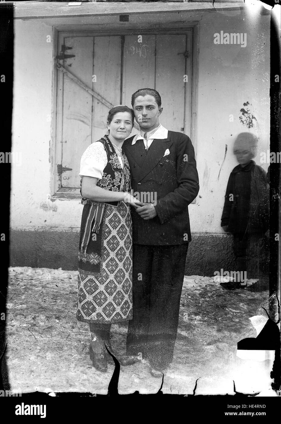Two portraits, 1940s historic history, bygone image of old Romanian ...
