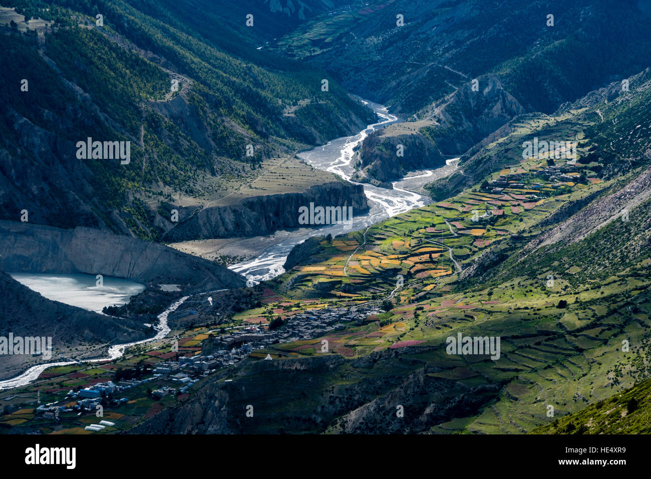 Aerial view on the village Manang and the agricultural landscape of the ...