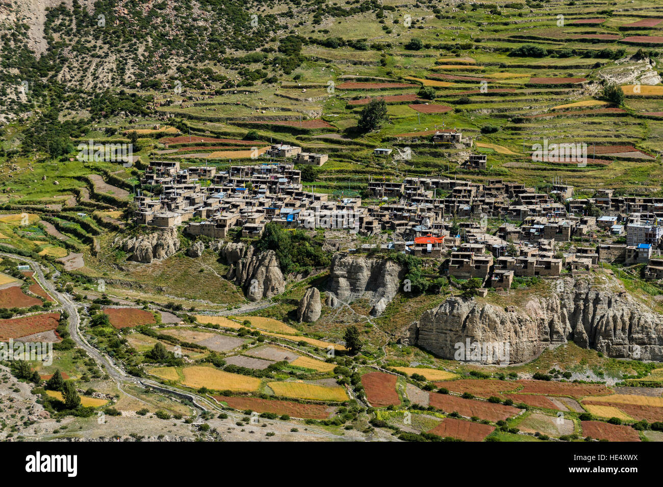 Aerial view on the village Manang and the agricultural landscape of the ...