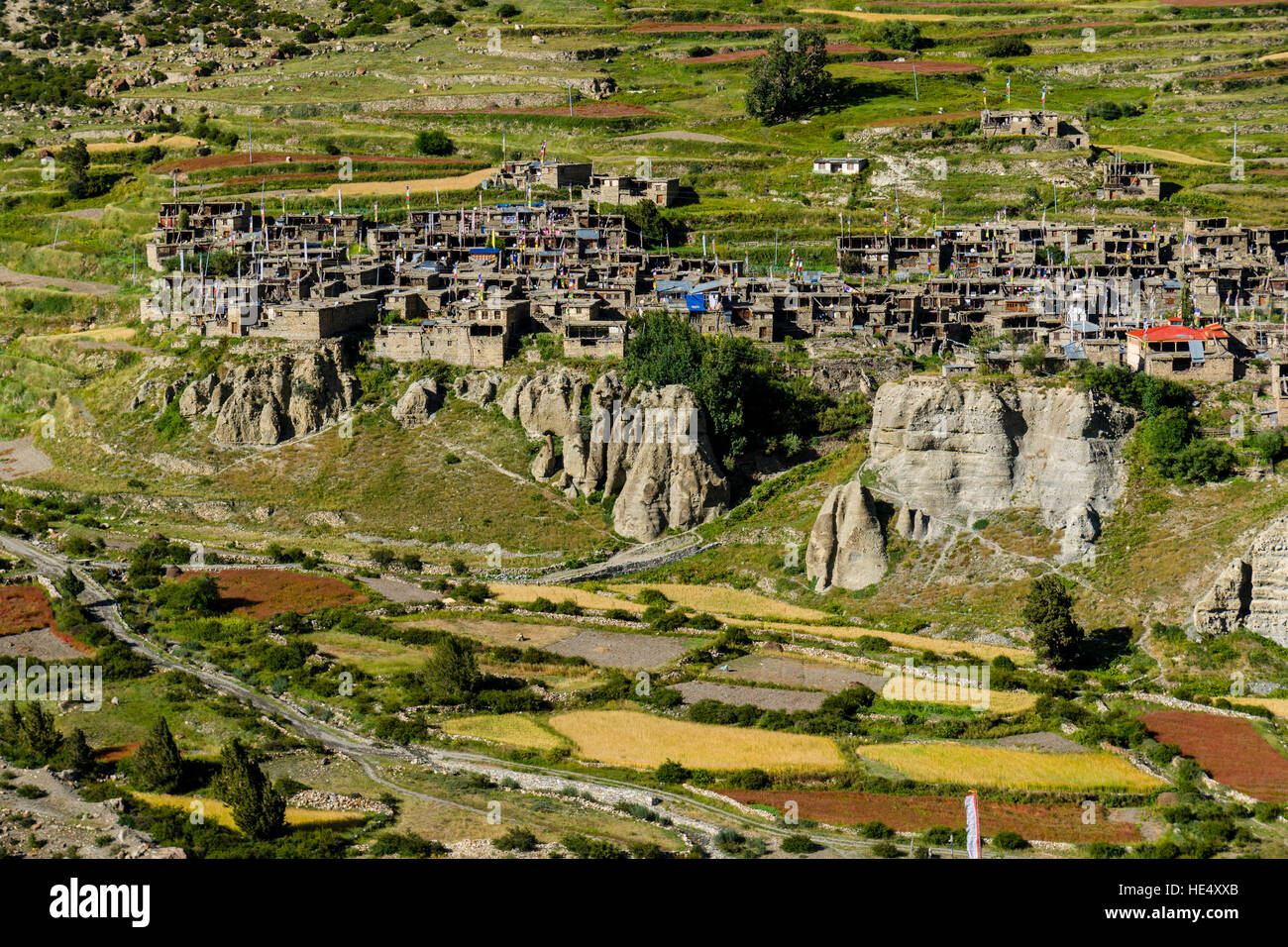 Aerial view on the village Manang and the agricultural landscape of the ...