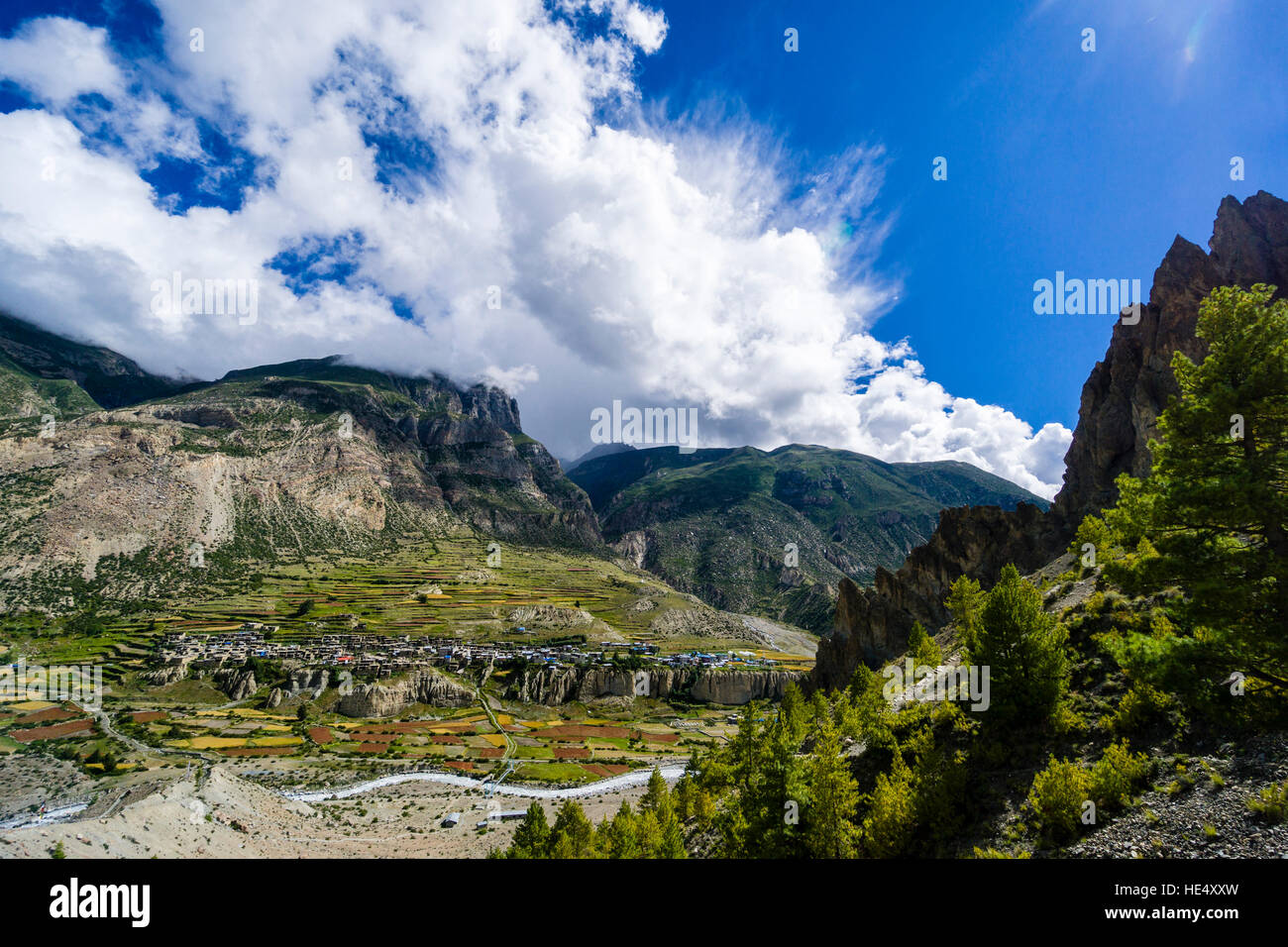Aerial view on the village Manang and the agricultural landscape of the ...