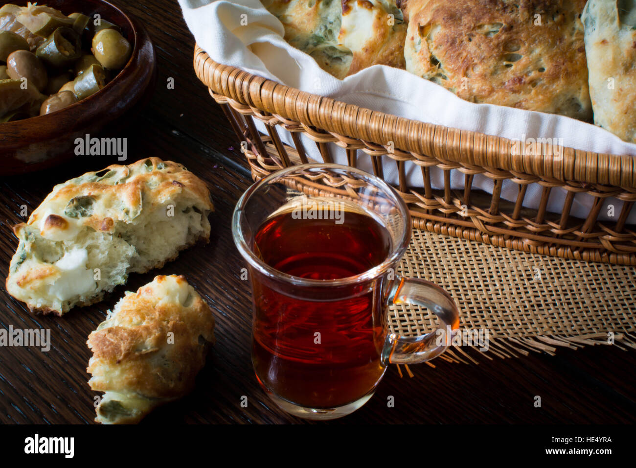 Palestinian thyme and cheese bread with the morning tea Stock Photo - Alamy