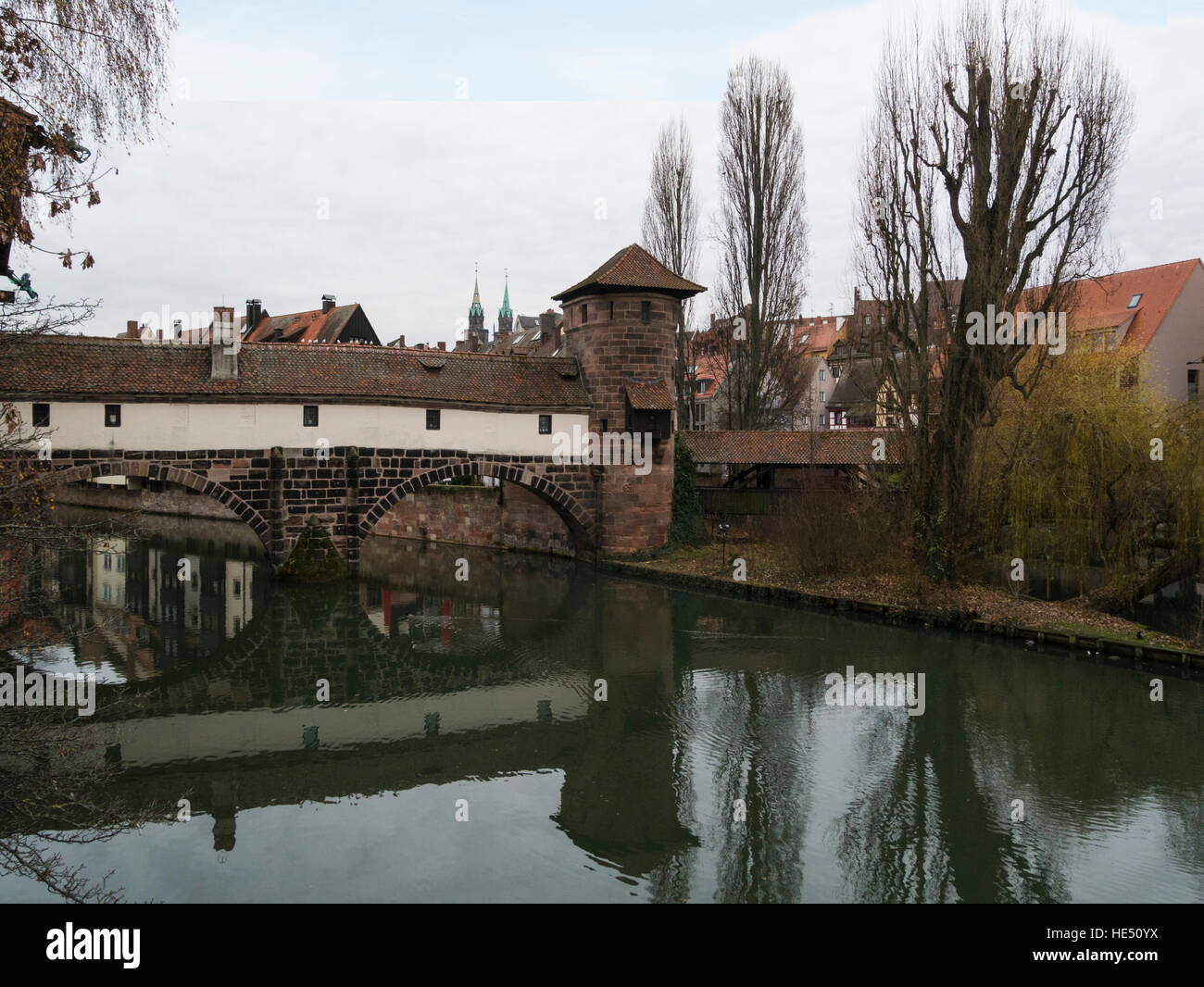 View along Pegnitz River to Henkersteg Hangman's wooden bridge ...