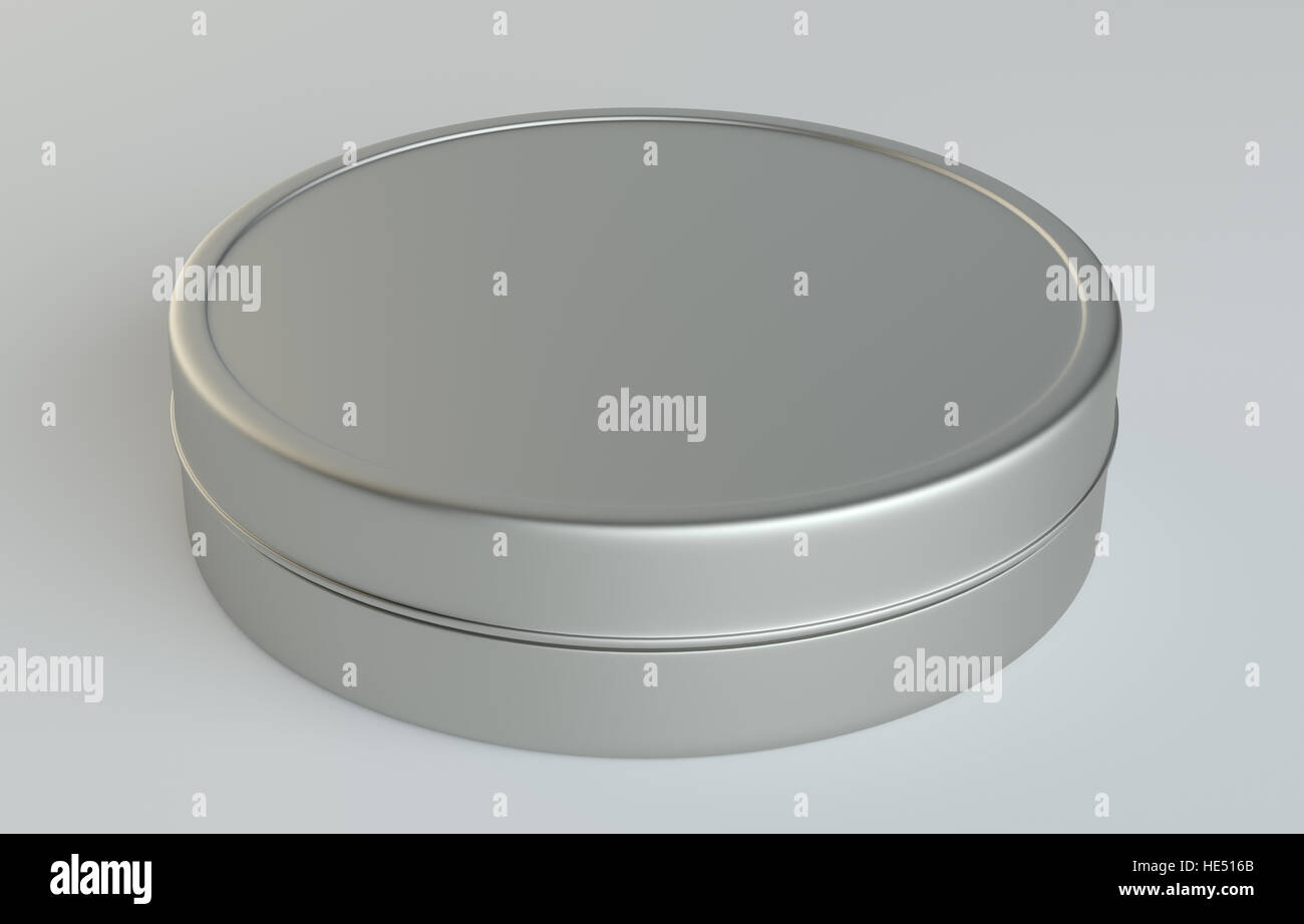 Metal round box on gray background Stock Photo - Alamy