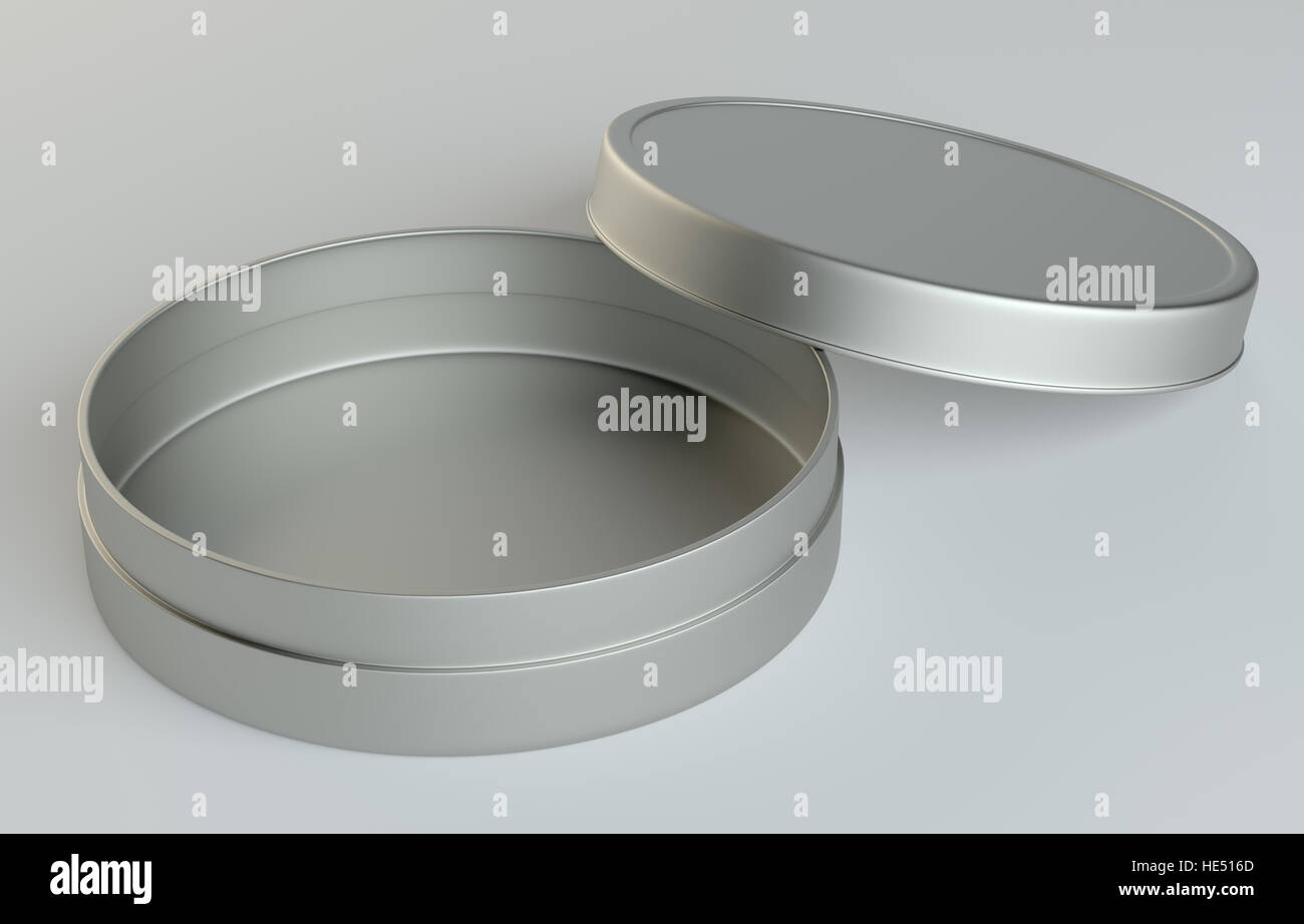 Metal round box on gray background Stock Photo - Alamy