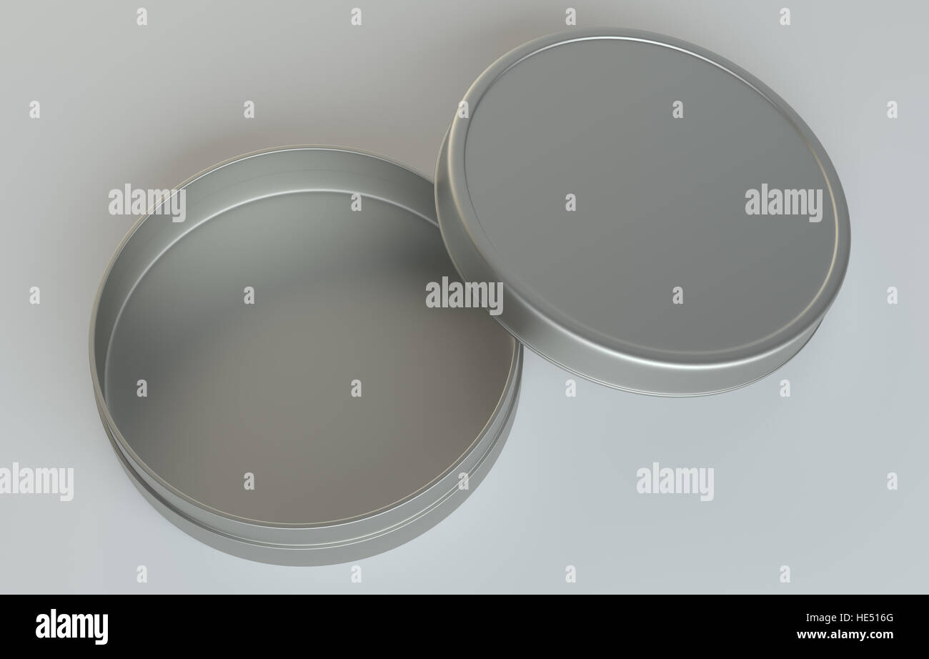 Metal round box on gray background Stock Photo - Alamy