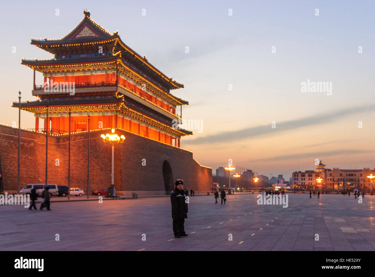 Peking: Tiananmen Square, Qianmen tower of the city wall, watchful ...