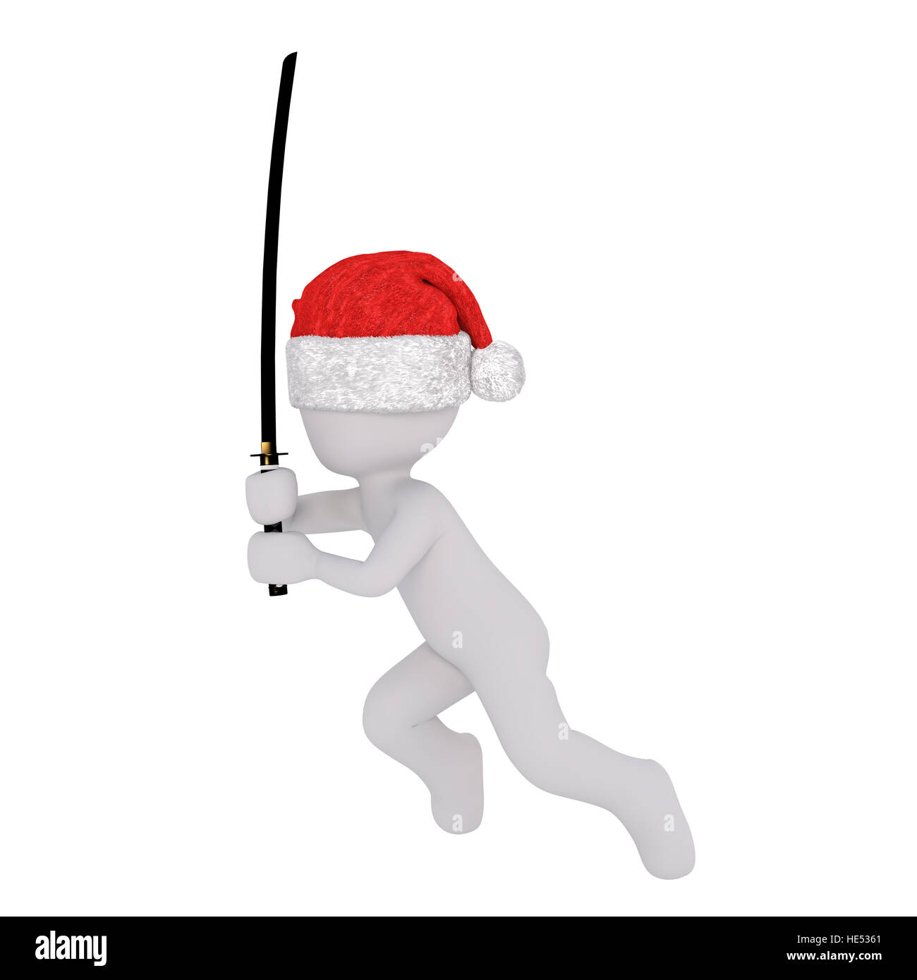 Side view of 3d toon in Santa hat fighting with Samurai sword in ...