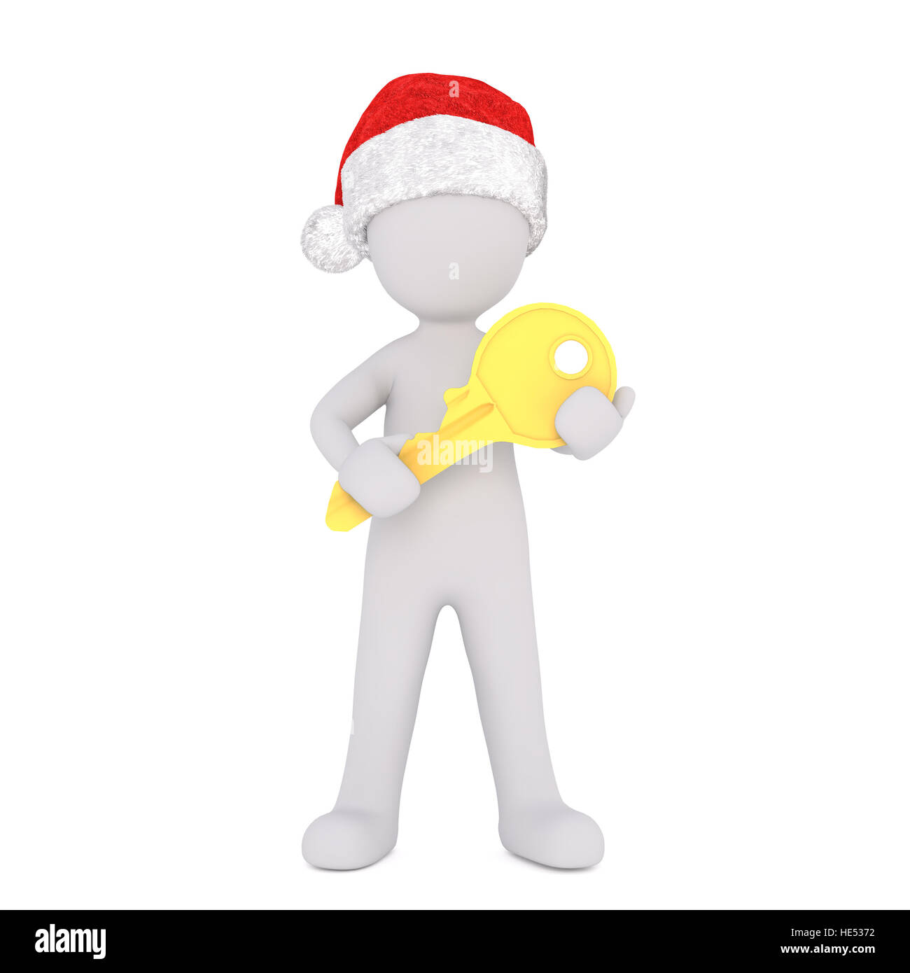 Full body 3d toon in Santa hat holding golden key on white background ...