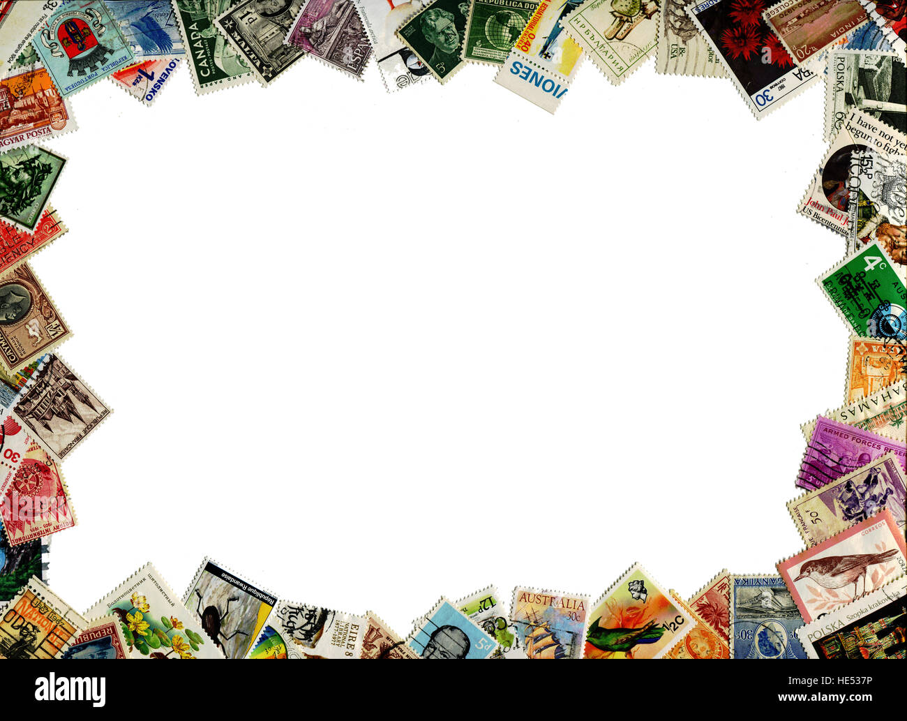 Frame from a variety of postage stamps Stock Photo - Alamy