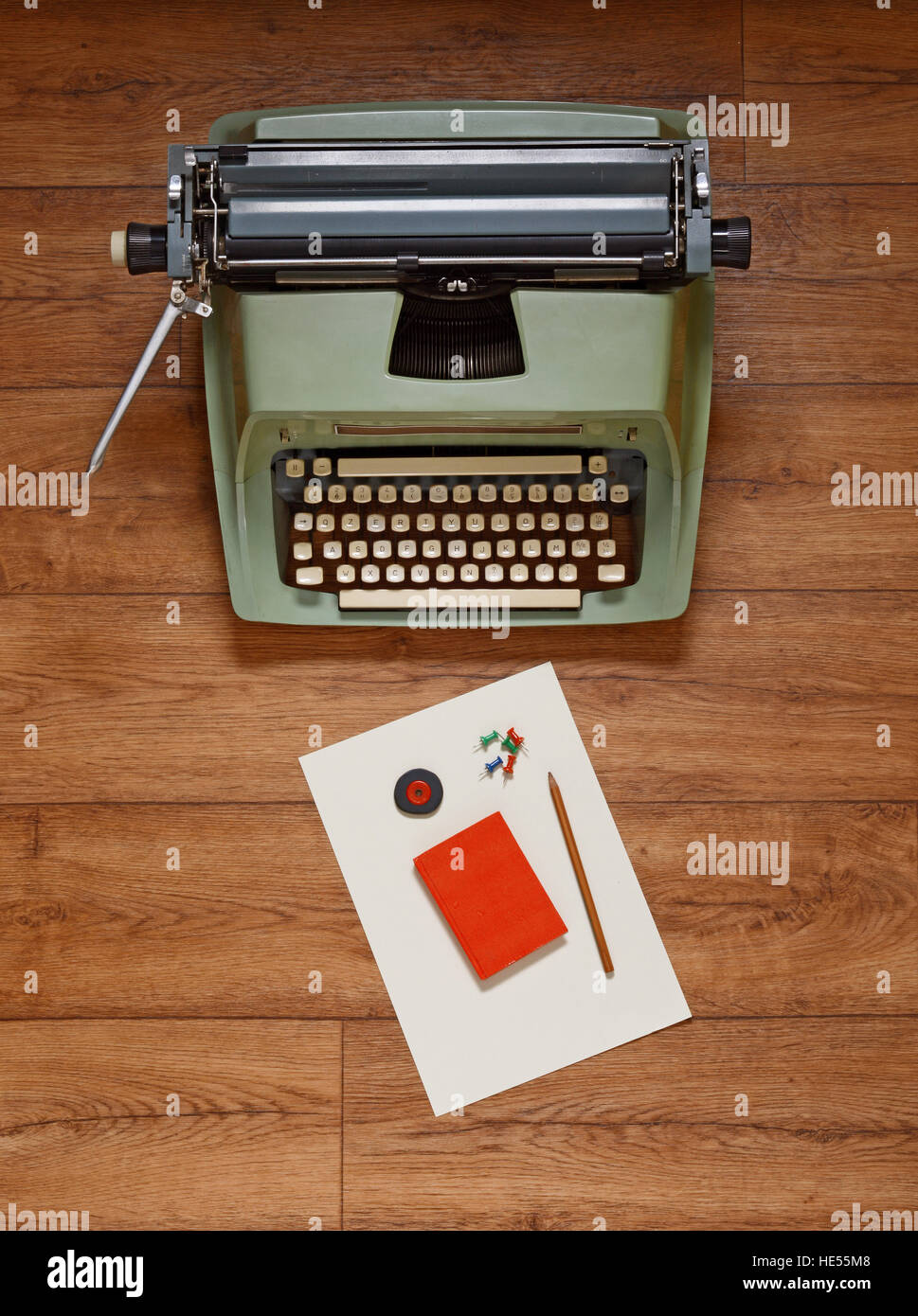 typewriter on wooden table photographed from above Stock Photo - Alamy
