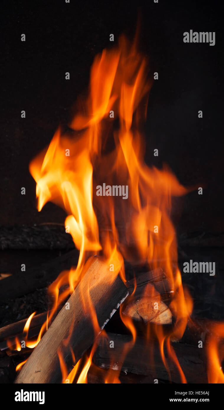 oak logs are burning with orange color flame Stock Photo - Alamy