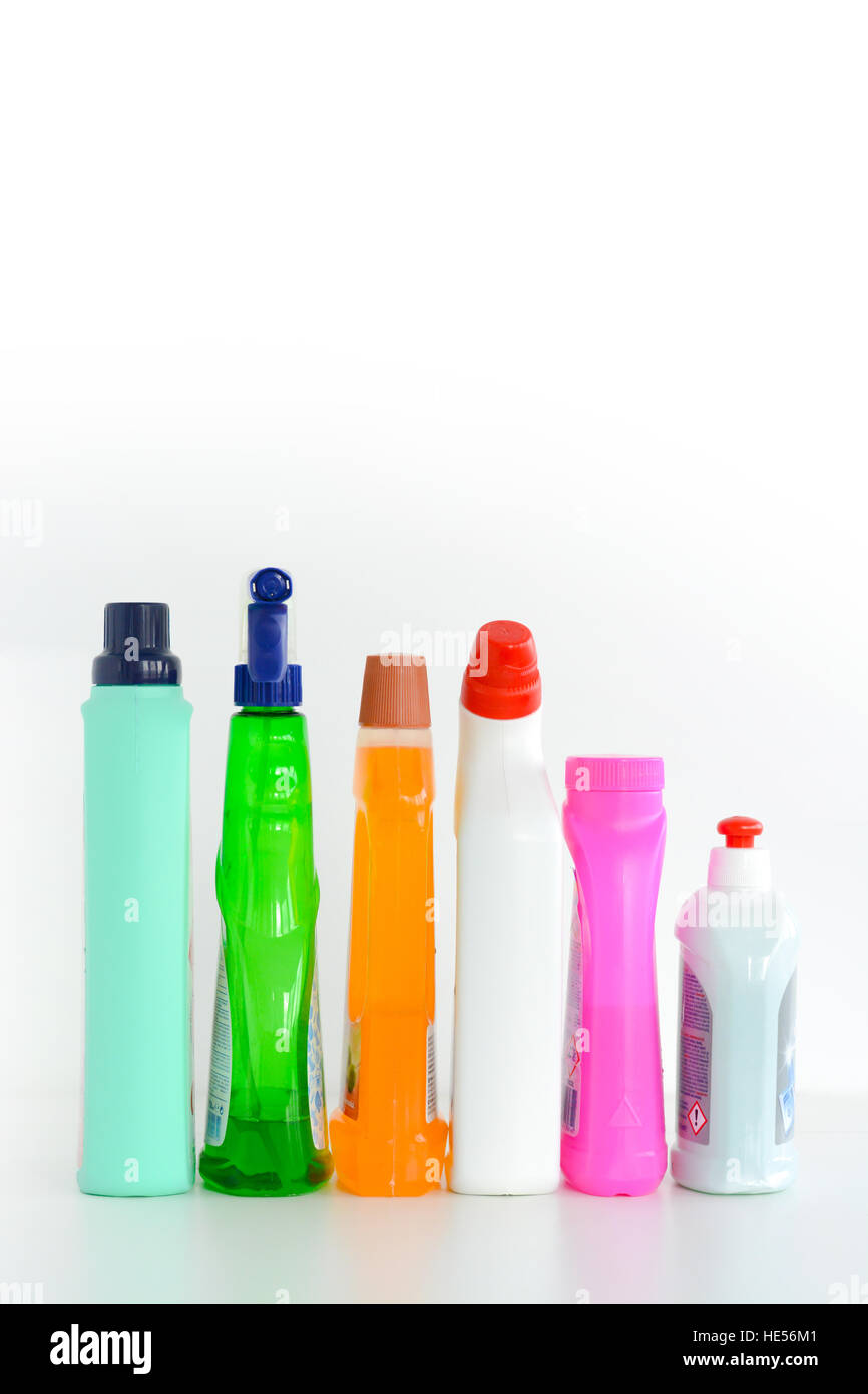 Many bottles of cleaning solutions isolated on white background Stock ...