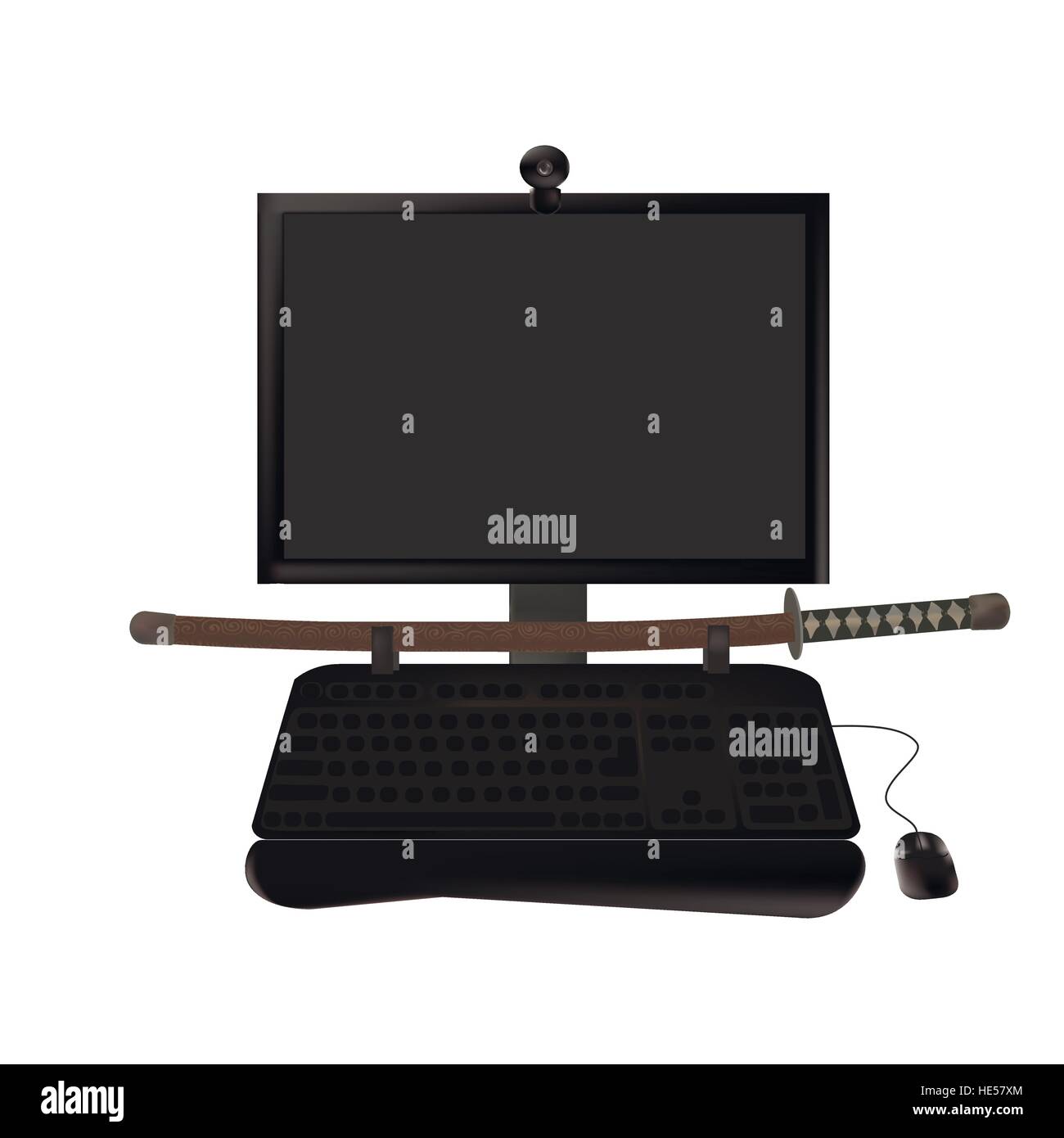 computer black and a samurai sword on white background.the concept of ...