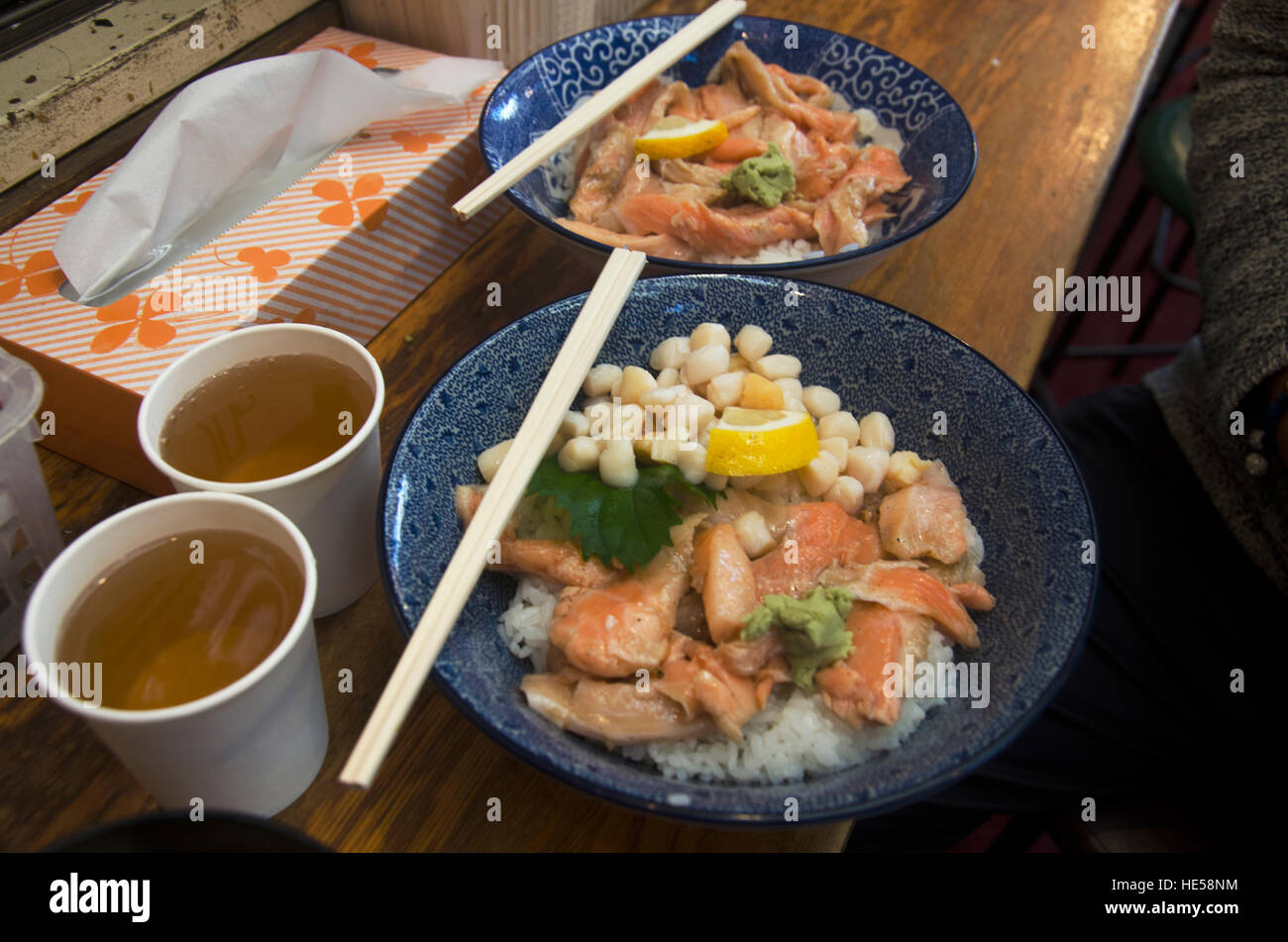 Japanese food rice topping with meat and seafood call Donburi or Don ...