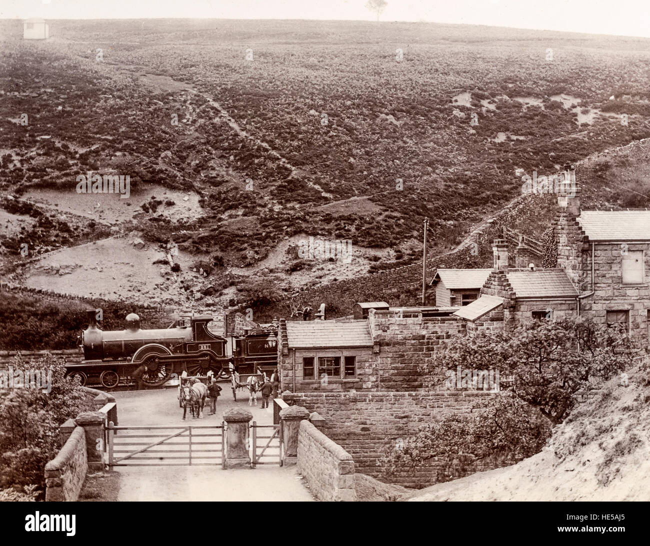 Meeting train at stop on Pickering to Whitby Railway 1906 Stock Photo ...