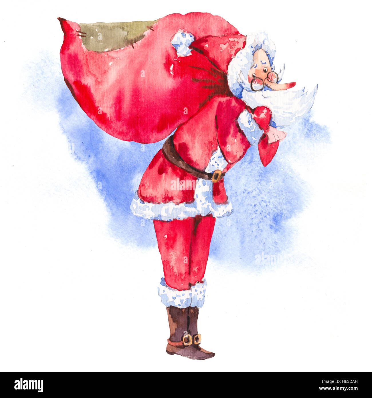 Watercolor Santa Claus with huge bag Stock Photo - Alamy