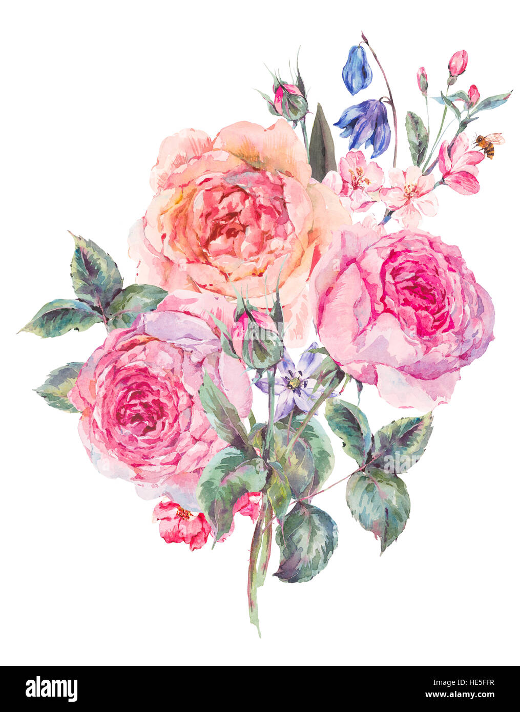 Watercolor spring bouquet with blooming cherry and english roses Stock ...