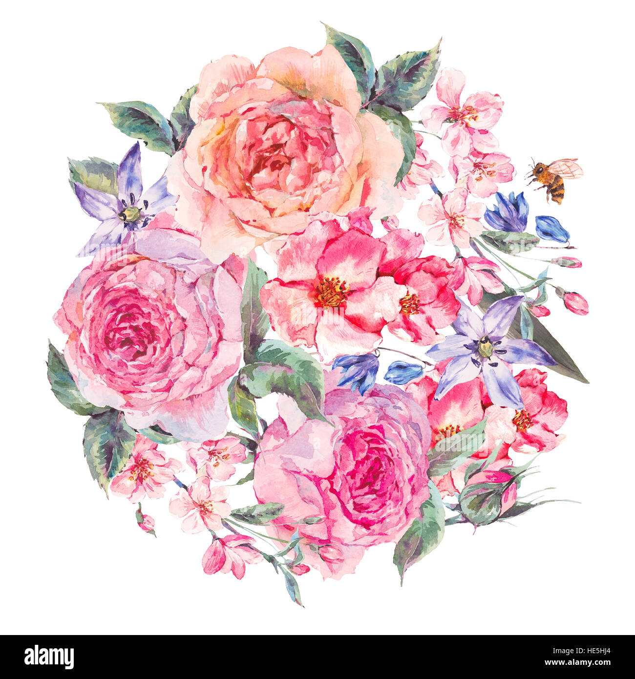 Watercolor spring bouquet with blooming cherry and english roses Stock ...