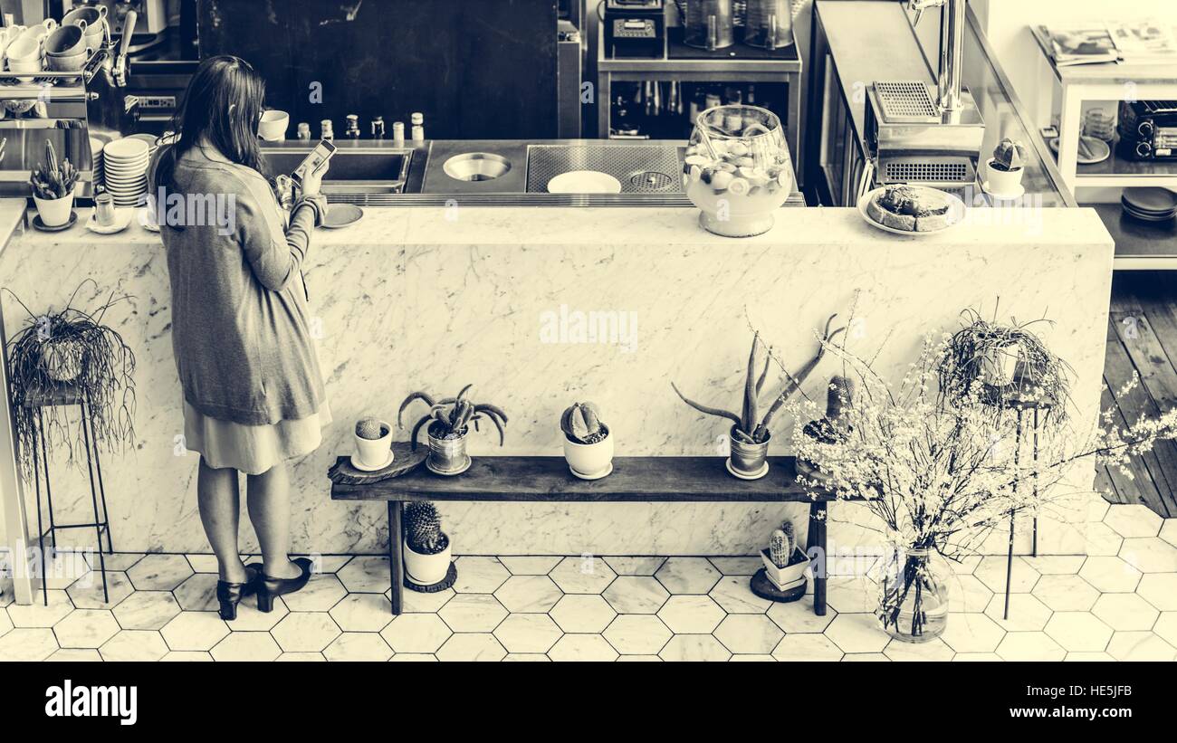 Woman Waiting Rear View Coffee Shop Bar Counter Concept Stock Photo - Alamy