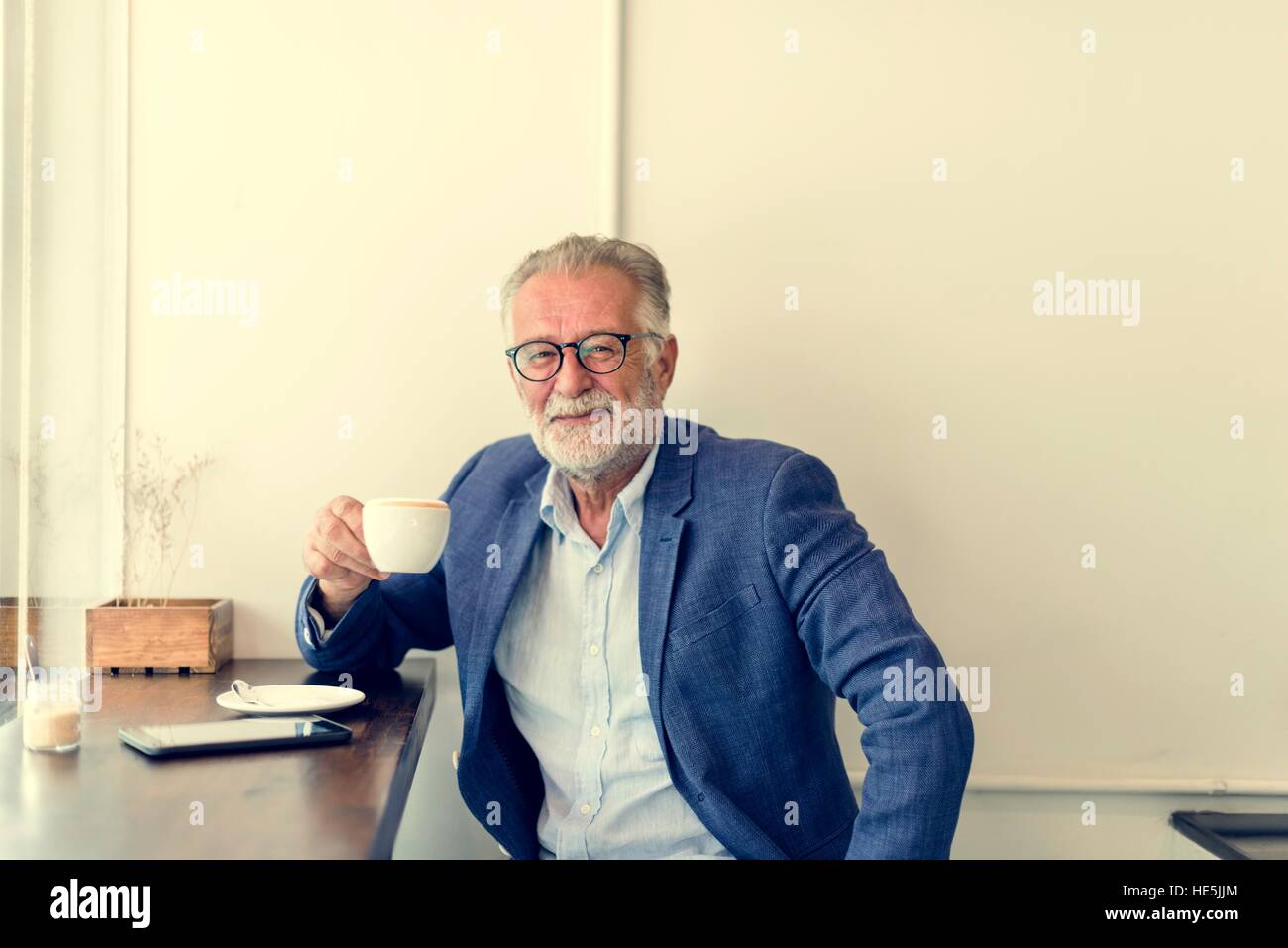 Senior Man Coffee Shop Communication Connection Technology Concept ...