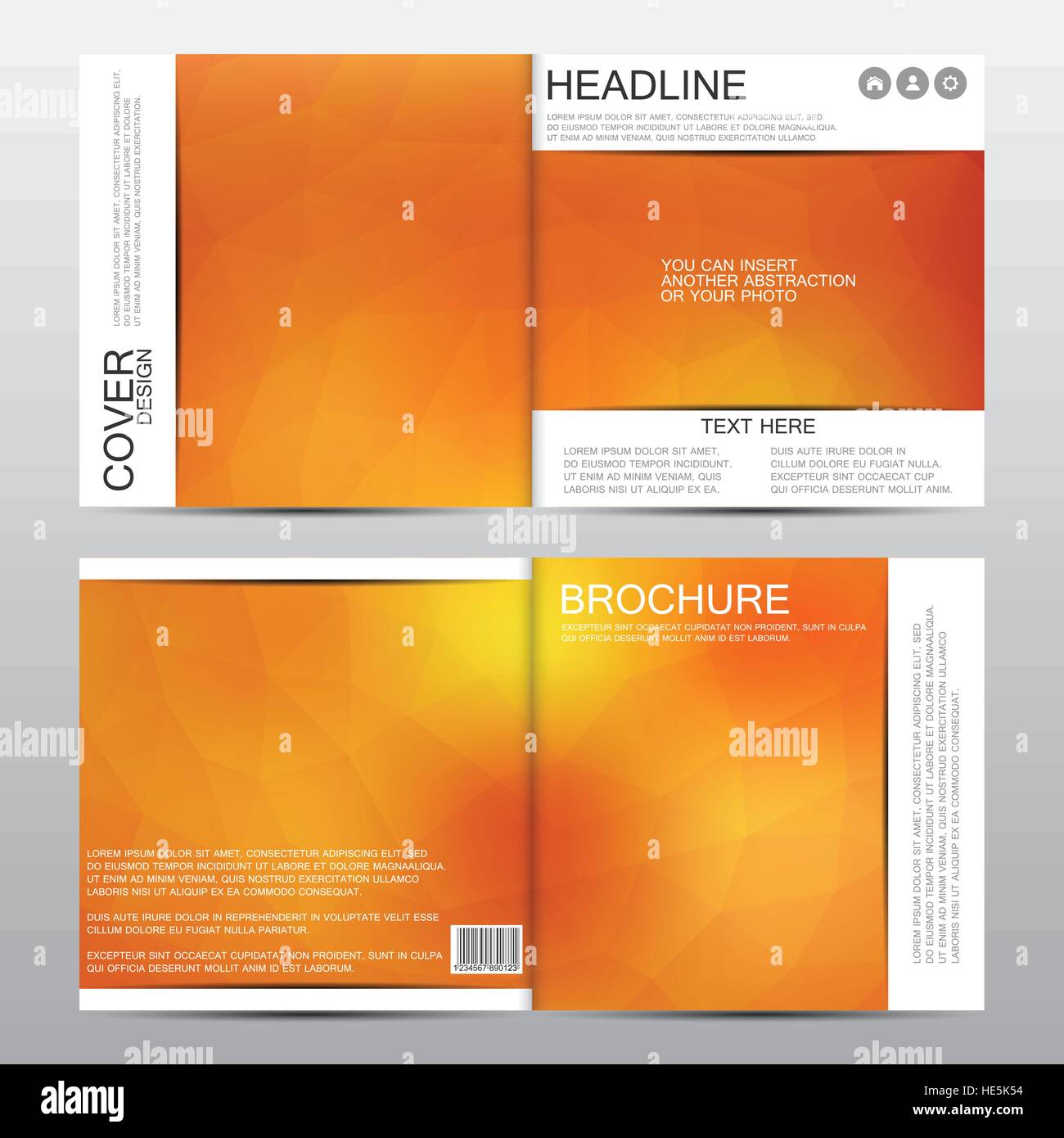Square brochure template. Orange triangle backdrop. Abstract vector ...