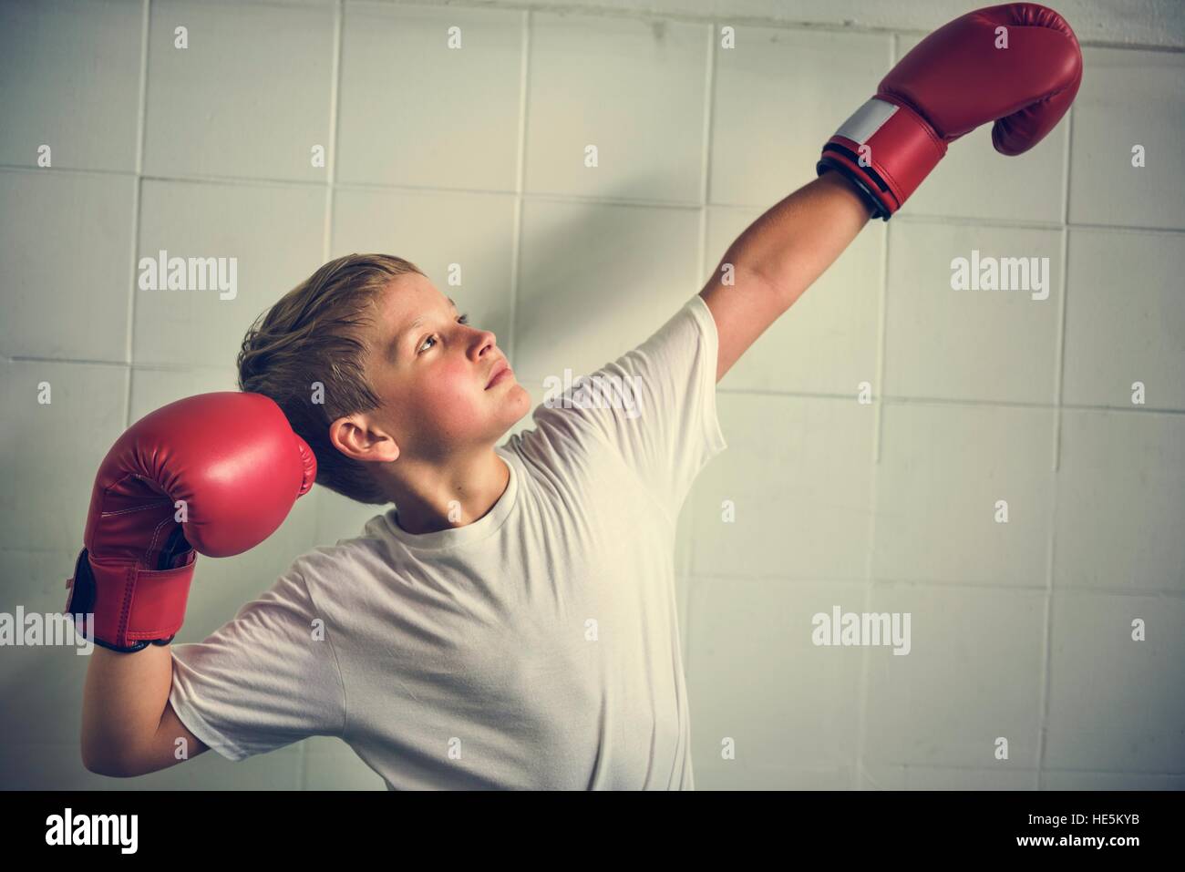 Boy Boxing Victory Confidence Posing Winning Concept Stock Photo - Alamy