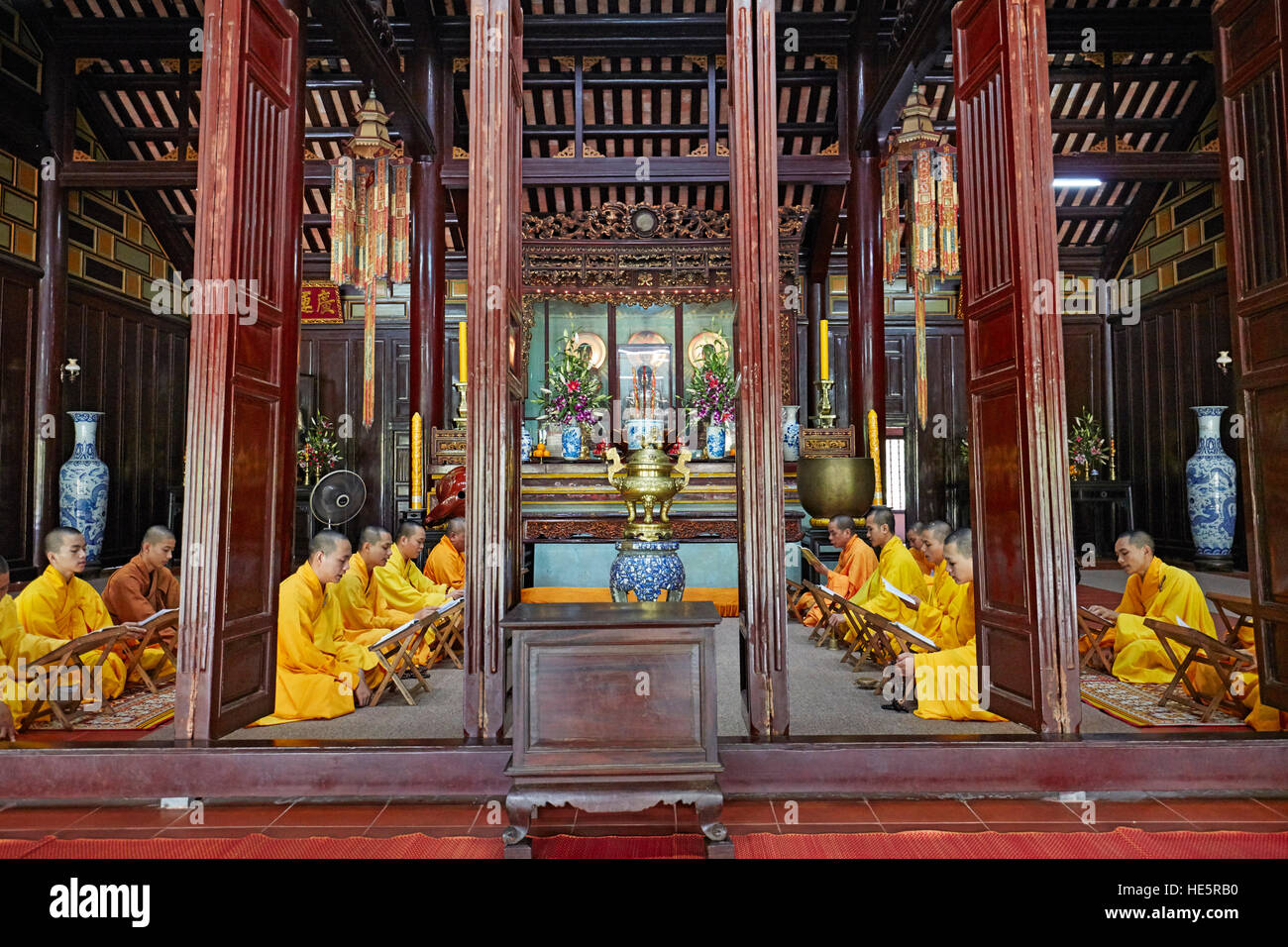 Buddhist monks at the morning prayer. Thien Mu Pagoda, Hue, Vietnam ...