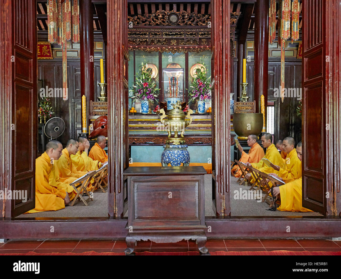 Buddhist monks at the morning prayer. Thien Mu Pagoda, Hue, Vietnam ...