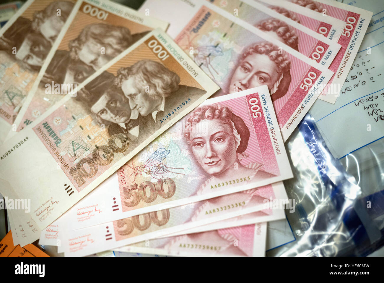 Old German Mark banknotes in 500 and 1000 Mark denominations pictured ...