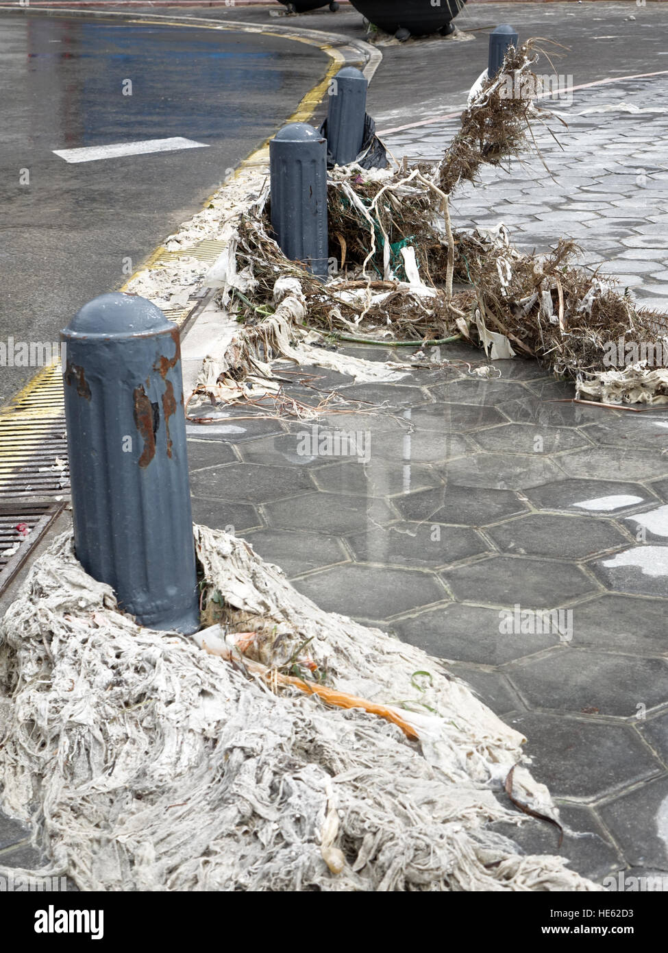 Clogged drain cover or grate. Sewage and litter cover the road ...