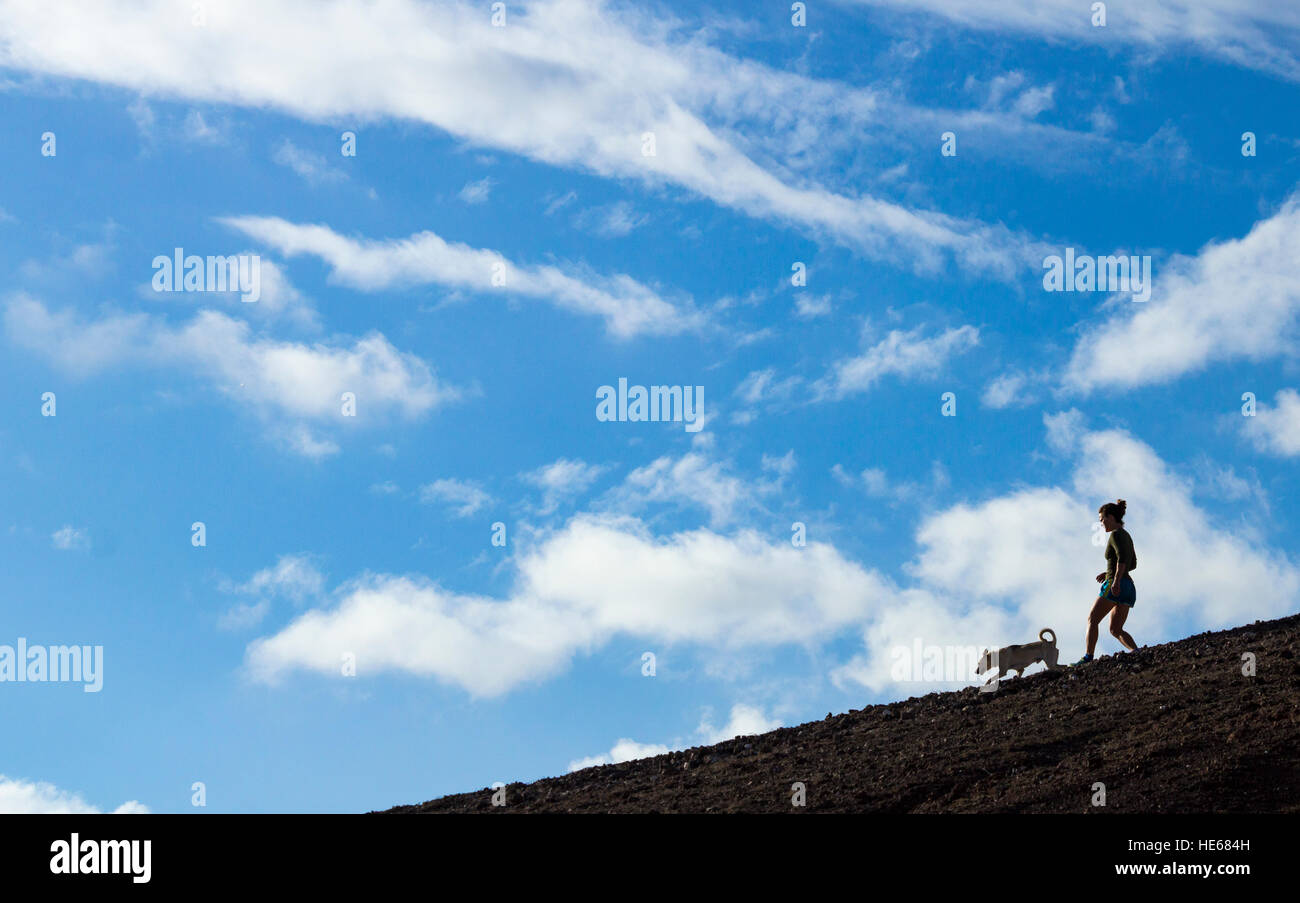 Woman running on mountain ridge with pet dog Stock Photo - Alamy